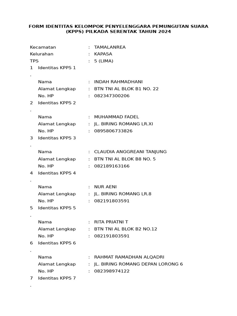 Form Identitas KPPS | PDF