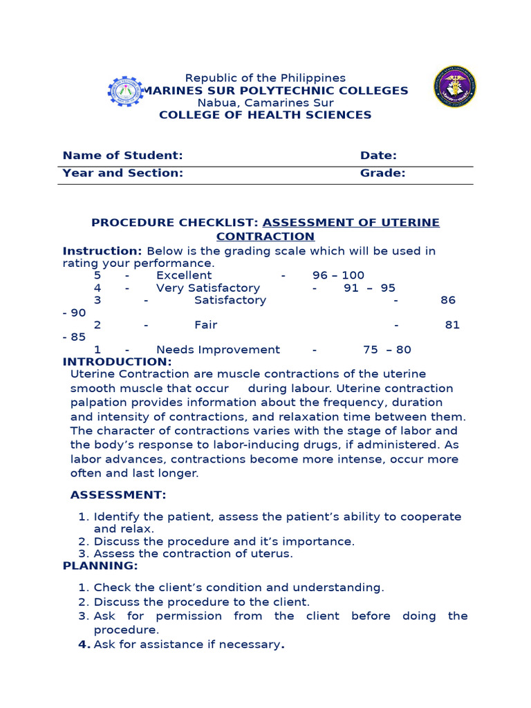 2CHECKLIST FOR Assessment 0f Uterine Contraction | PDF | Uterus