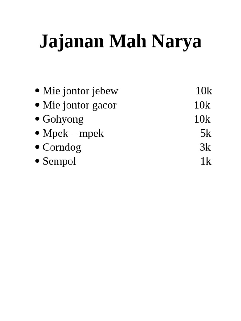 Daftar Menu Jajanan Mah Narya | PDF