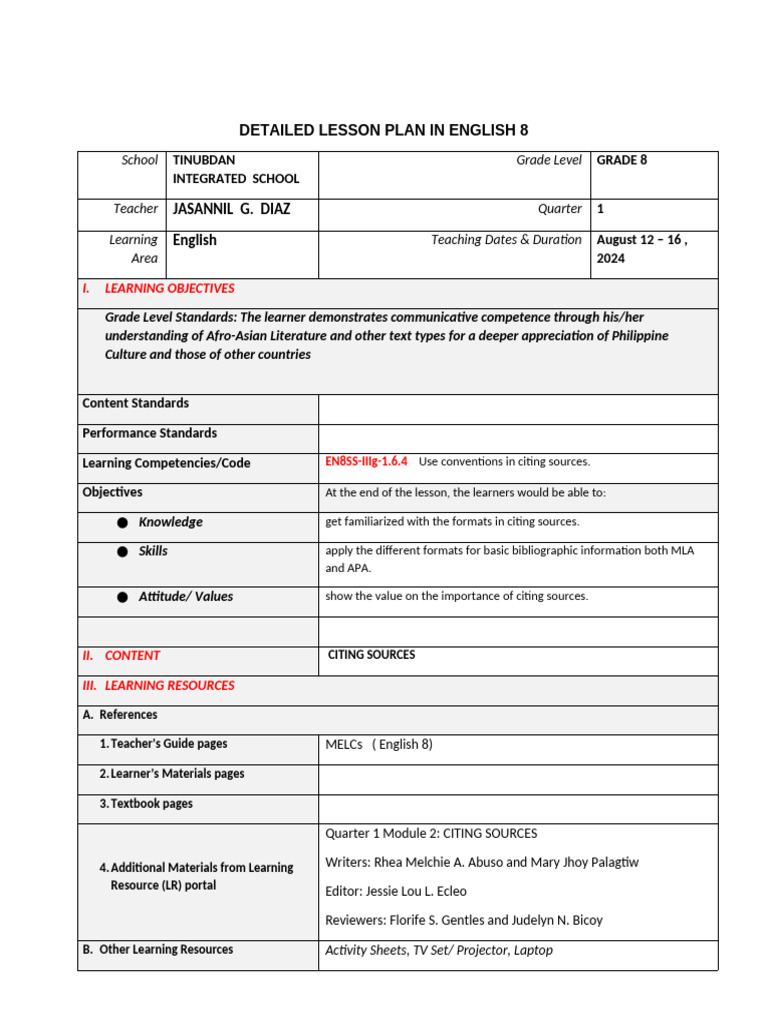 DLP-ENGLISH-8-Q1-Module 2 | PDF | Citation | Apa Style