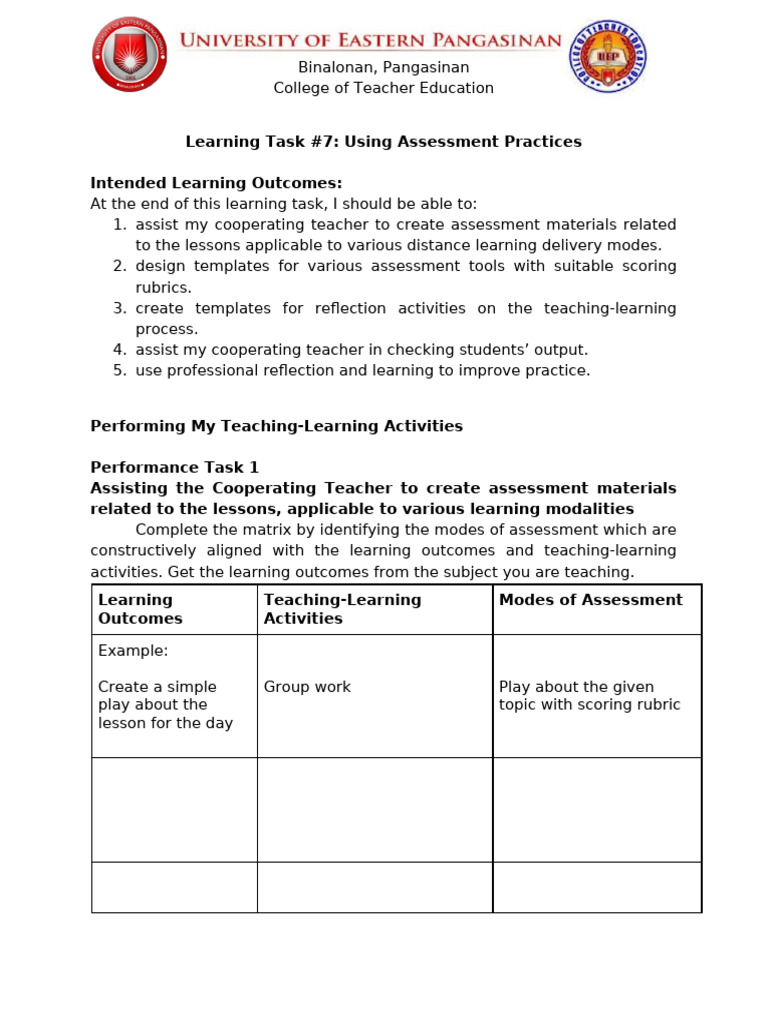 Learning Task #7 - Using Assessment Practices | PDF | Rubric (Academic) | Learning