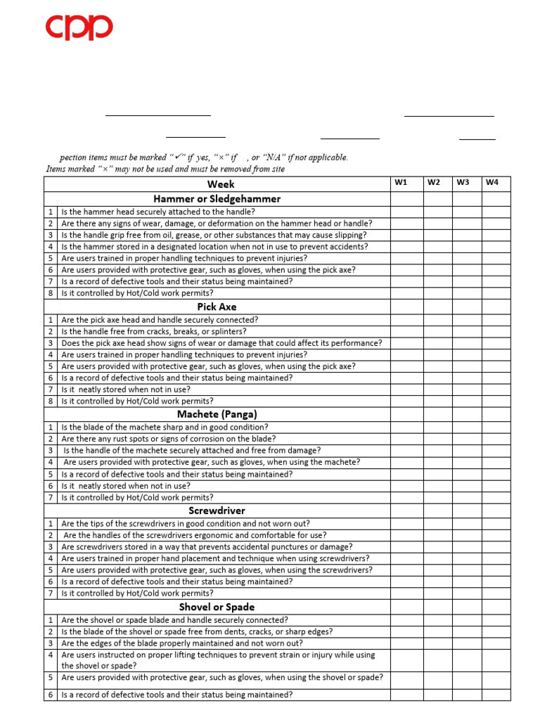 Hand Tools Inspection Checklist-Cpp | PDF | Hammer | Personal Protective Equipment