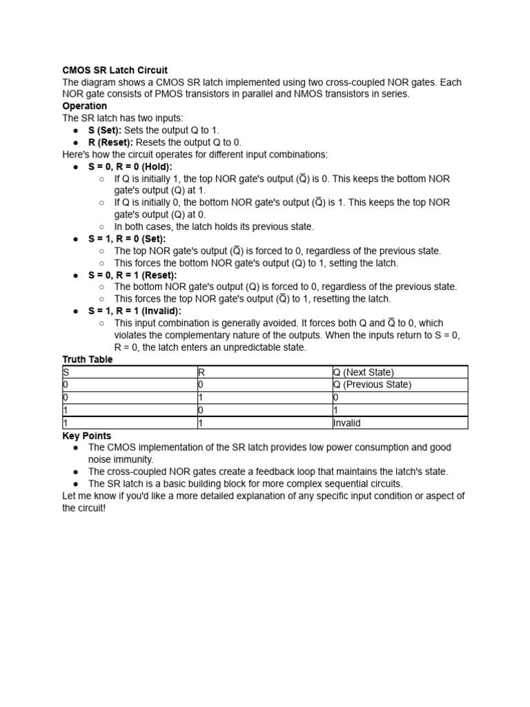 CMOS SR Latch Operation and Truth Table | PDF