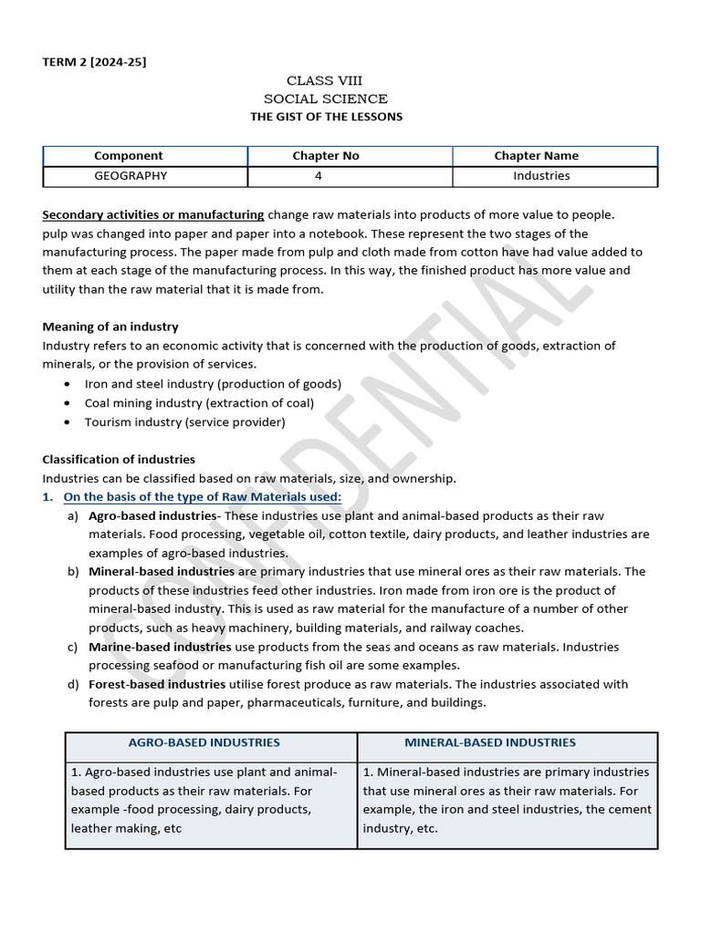 Social Science (Geography-Chapter 4-Industries) Gist - Class VIII | PDF | Steel | Smelting