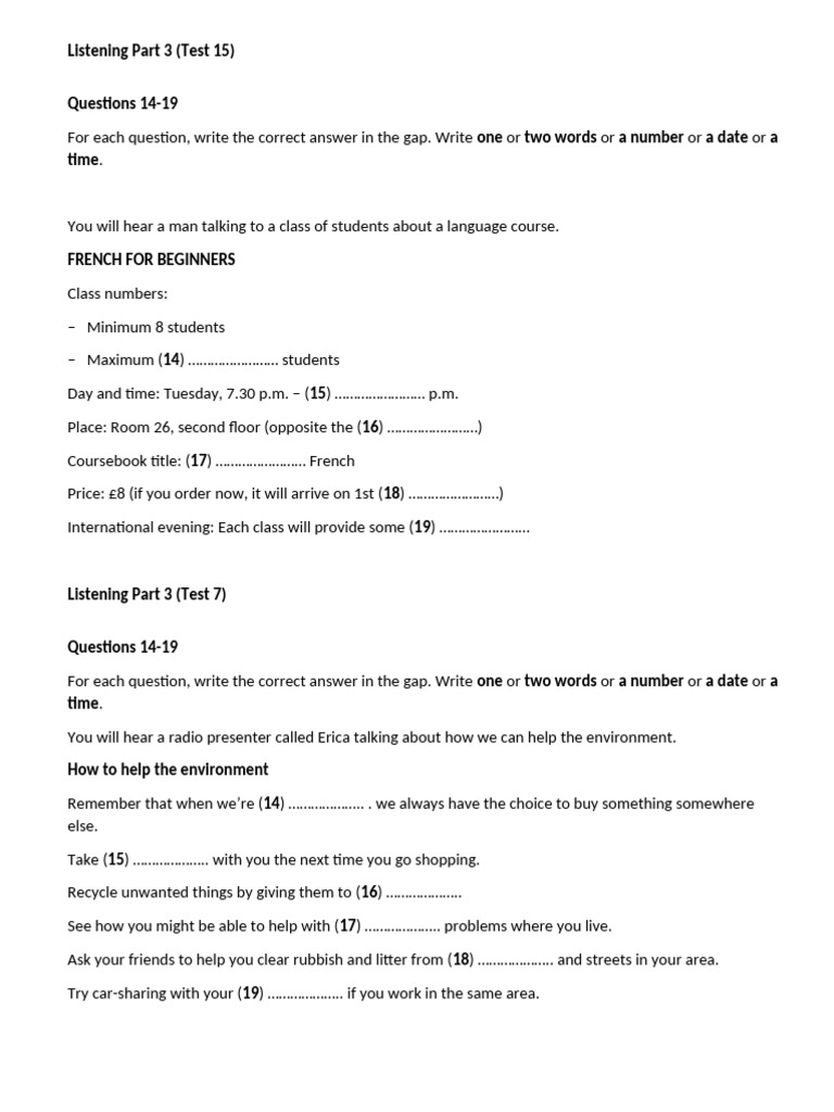 Listening Test 15: French Course Details | PDF