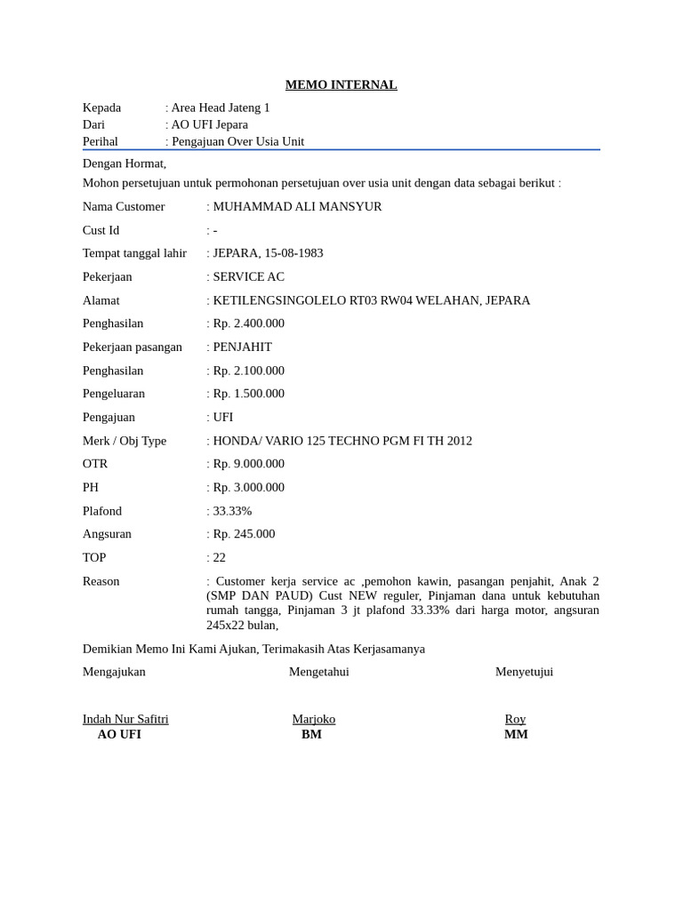 MEMO OVER USIA UNIT - Muhammad Ali Mansyur | PDF | Bisnis