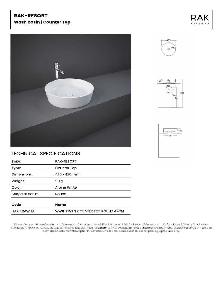 Rak Resort Wash Basin Counter Top Round 42cm | PDF