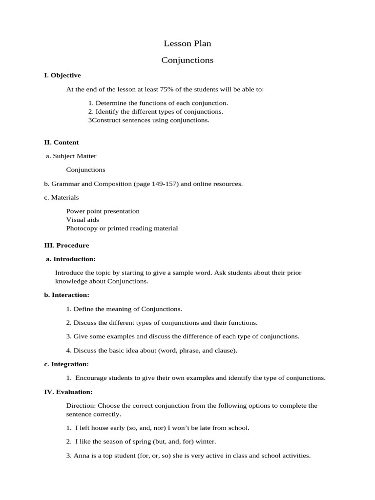 Conjunctions Lesson Plan for Students | PDF | Career & Growth | Foreign ...
