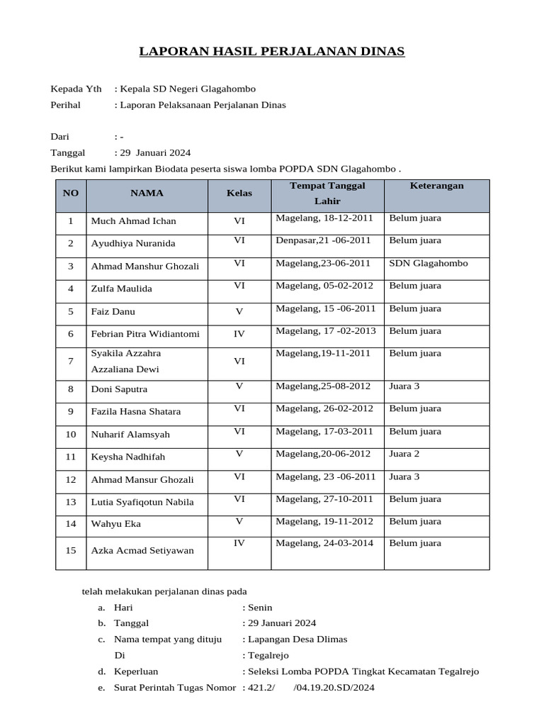 Laporan Hasil Perjalanan Dinas Popda | PDF