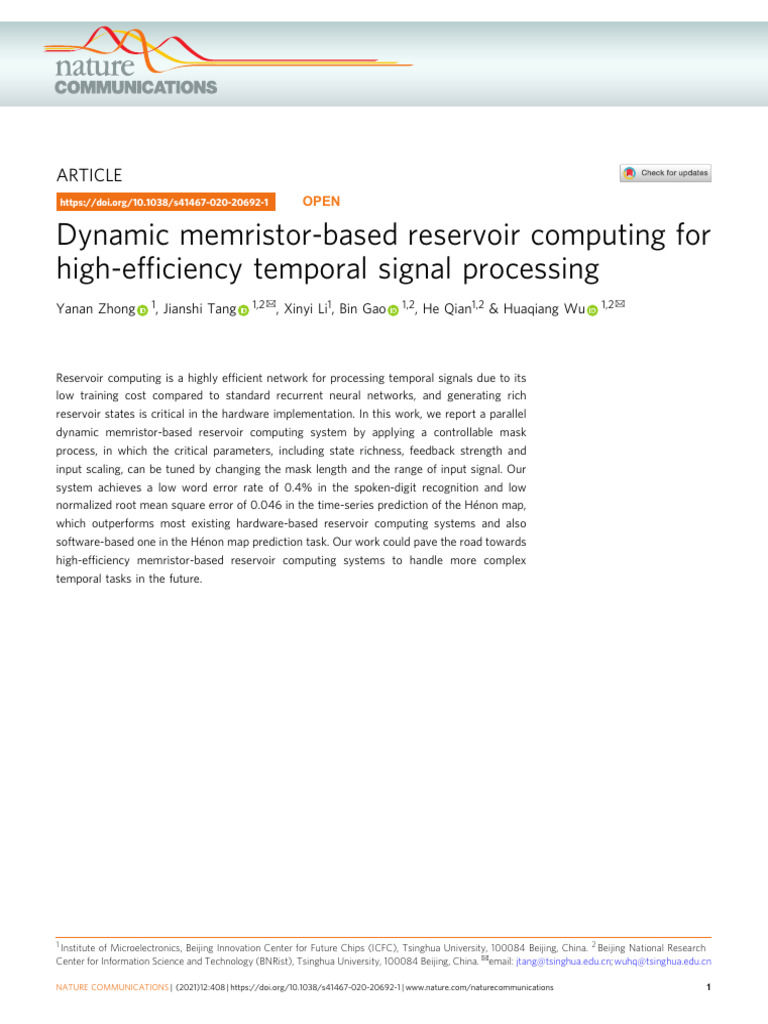 Dynamic Memristor-Based Reservoir Computing For High-Efficiency Temporal Signal Processing | PDF ...