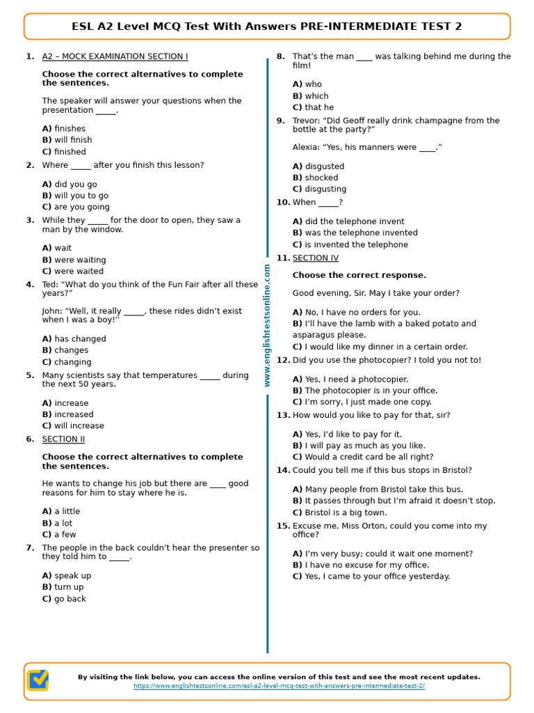 A2 ESL MCQ Test with Answers | PDF | Pet | Dogs