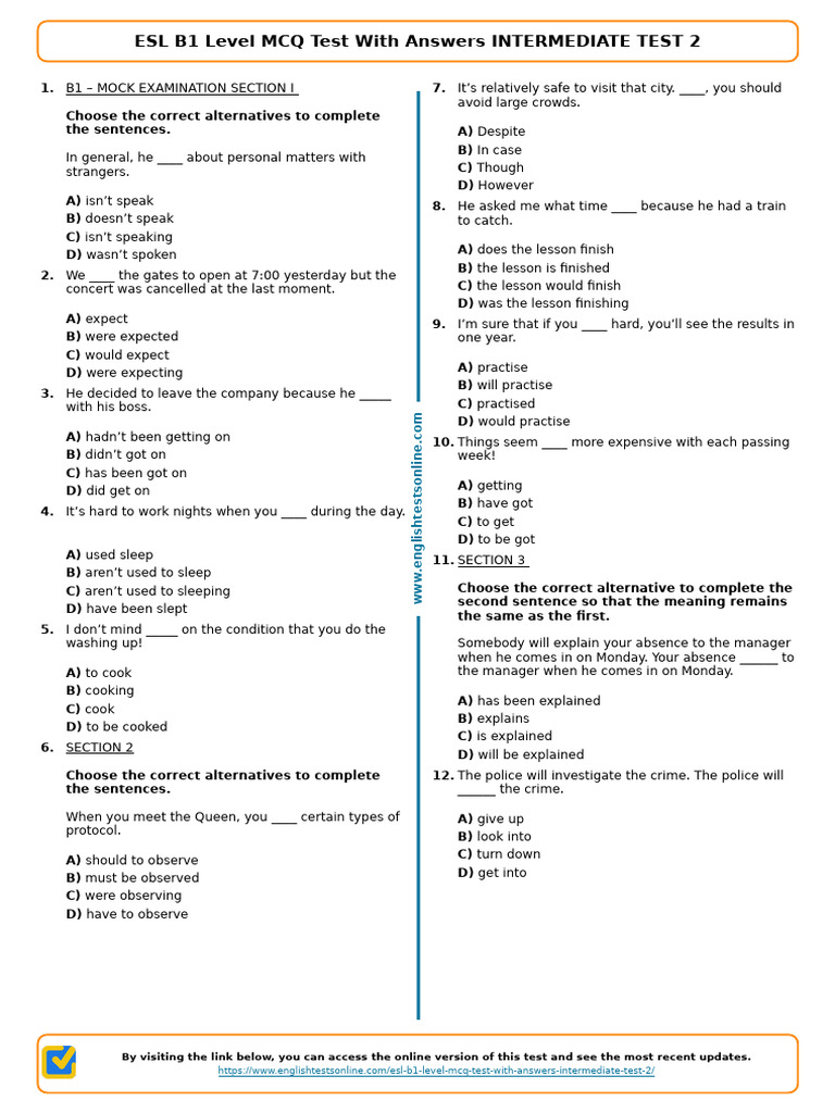 681 Esl b1 Level MCQ Test With Answers Intermediate Test 2 | PDF ...