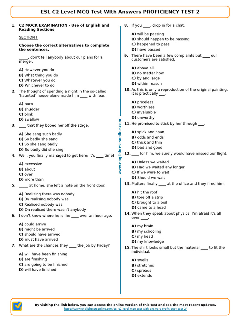 691 Esl c2 Level MCQ Test With Answers Proficiency Test 2 | PDF | Etiquette