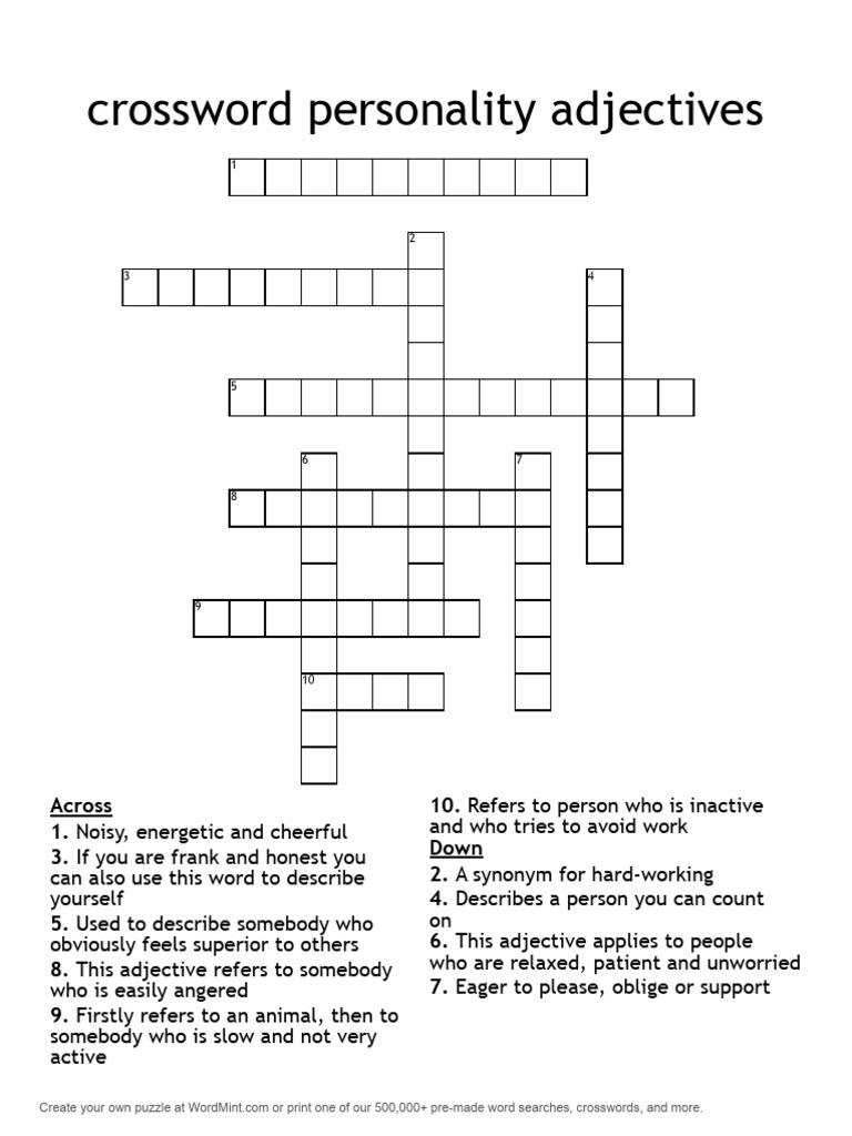 Personality Adjective Crossword | PDF