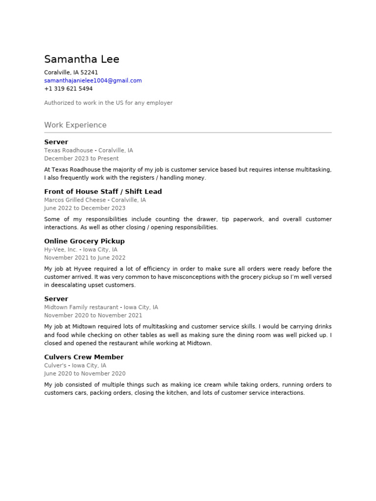 Samantha Lee's Restaurant Experience Resume | PDF | Career & Growth | Law