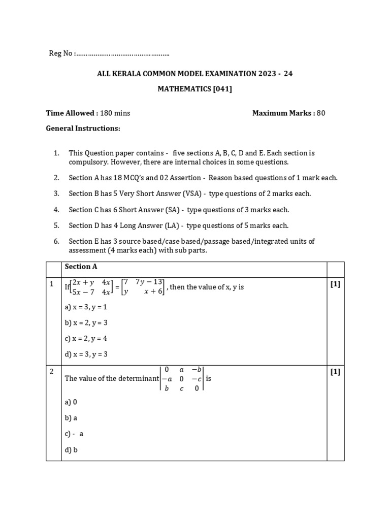Mathematics XII [Set 1] Kerala 2023-24 | PDF | Function (Mathematics ...