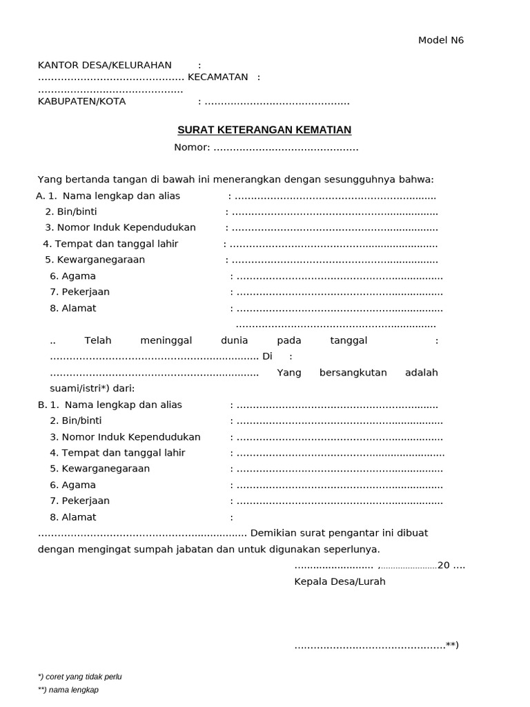 Blangko Model N6 Surat Keterangan Kematian | PDF