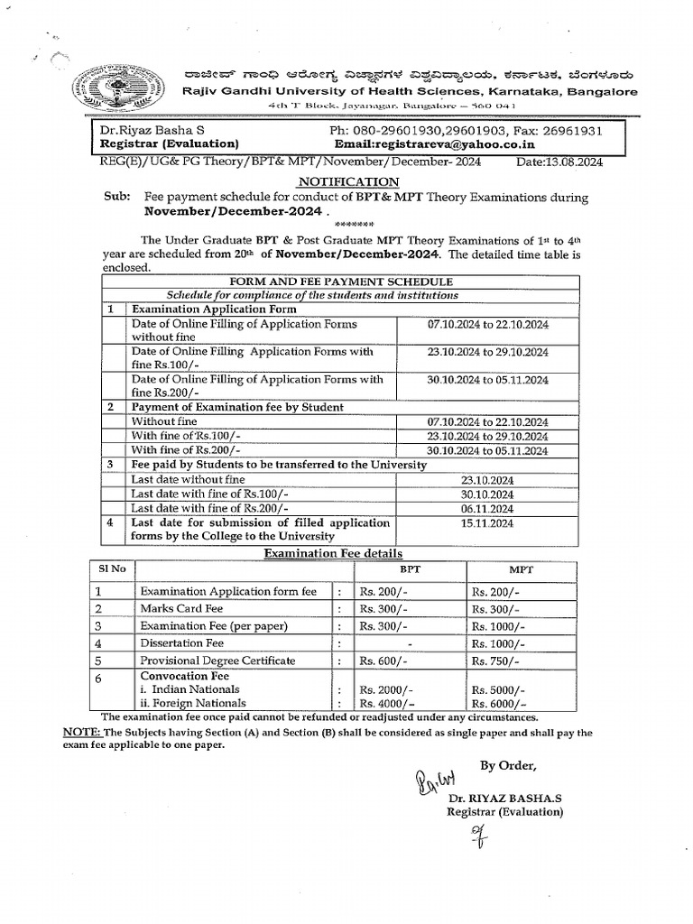 Fee Notification Time Table For Conduct of BPT MPT Course Theory ...