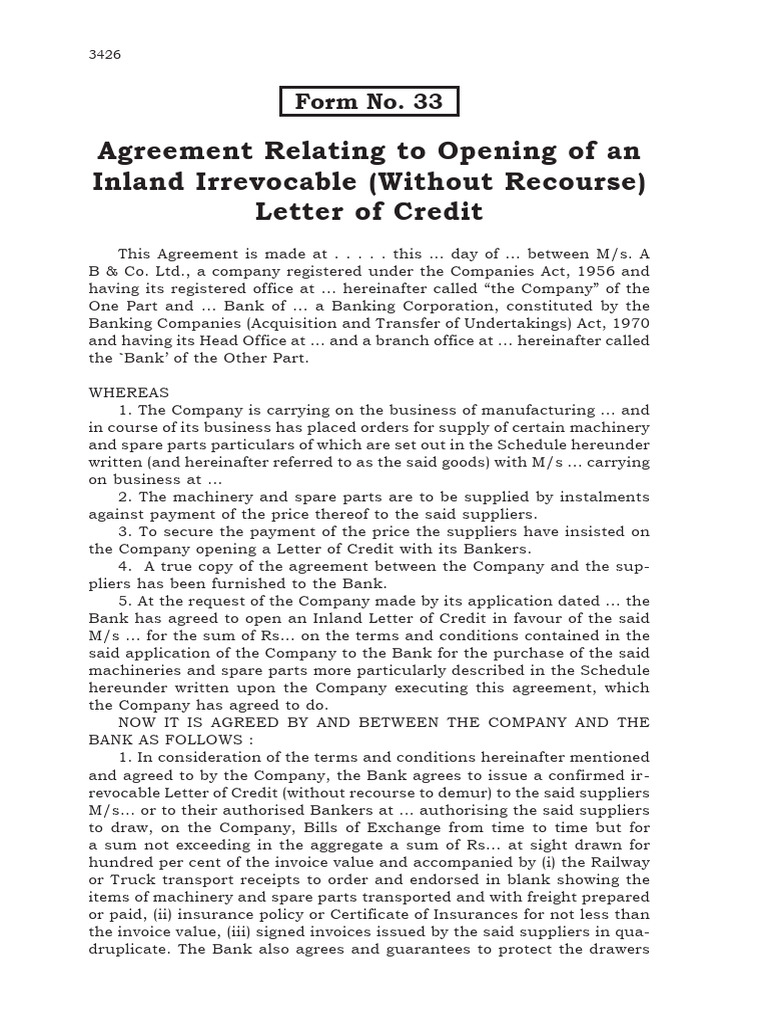 Agreement Relating To Opening of An Inland Irrevocable (Without ...