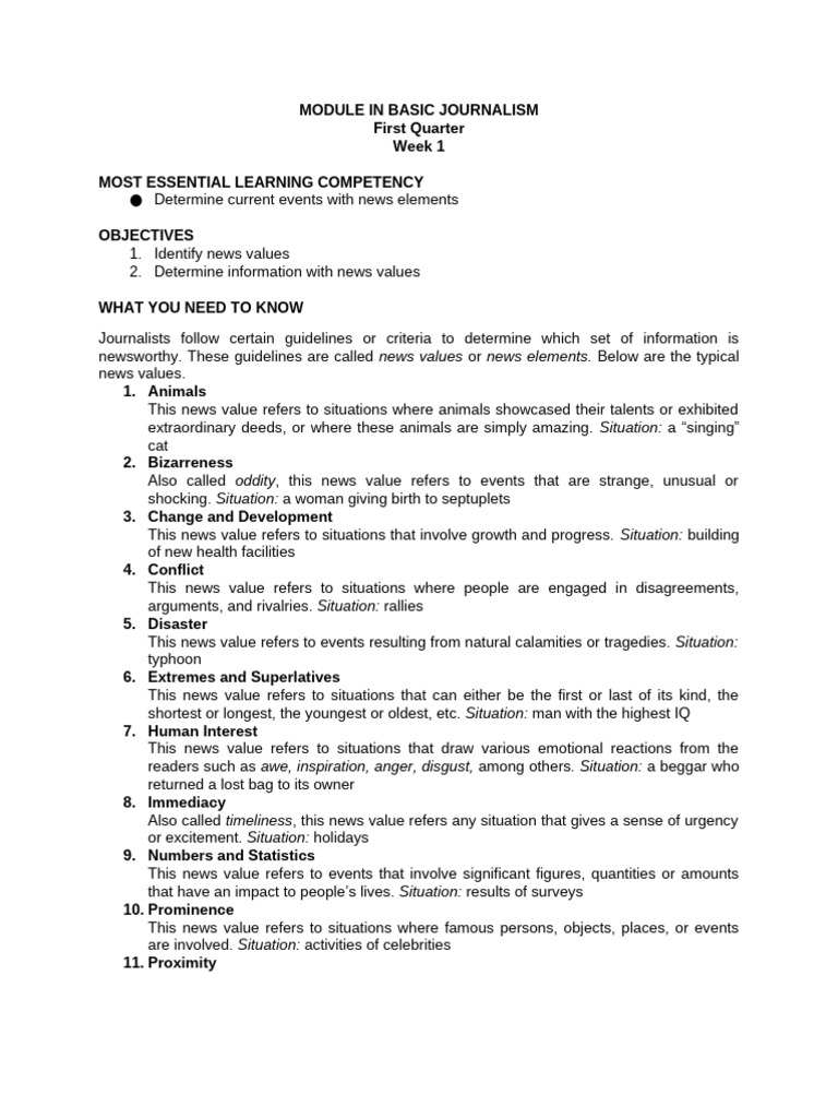 MODULE IN BASIC JOURNALISM-Week1 | PDF | News