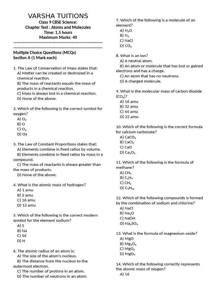 Atoms and Molecules QP and Ans 3 MCQS | PDF | Molecules | Chemical ...