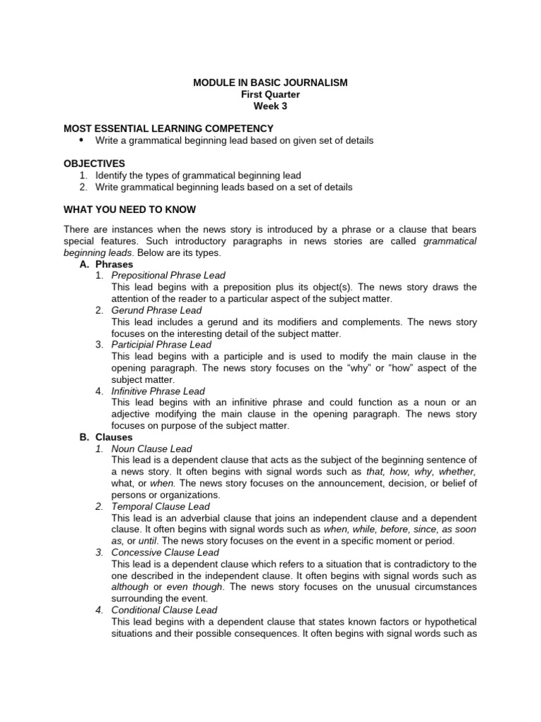 MODULE IN BASIC JOURNALISM-Week3 | PDF | Clause | Linguistics