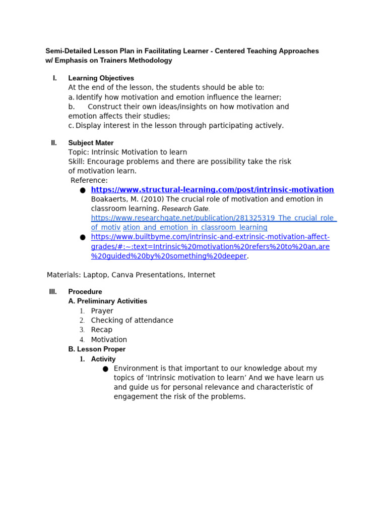 Lesson Plan: Intrinsic Motivation in Learning | PDF | Motivation ...