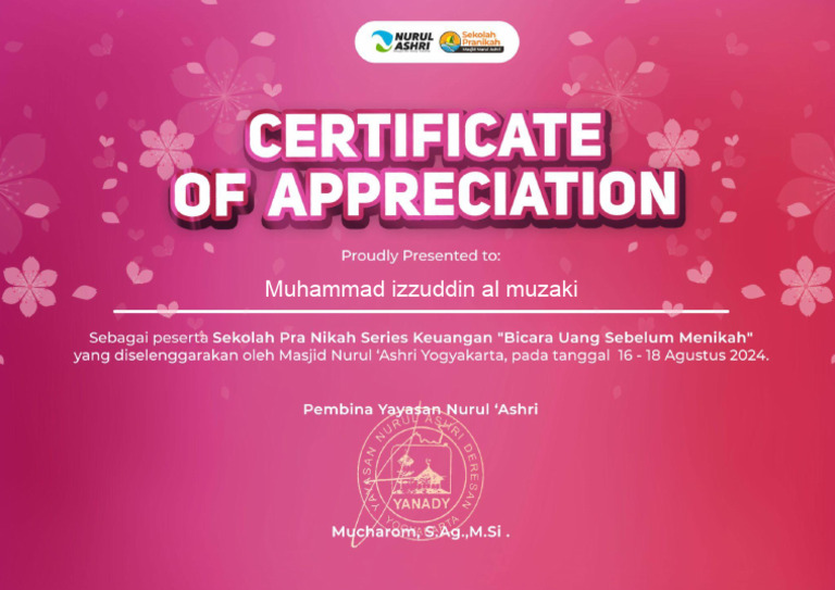 Certificate For Muhammad Izzuddin Al Muzaki For - Sertifikat Kelas Sekolah Pr... | PDF