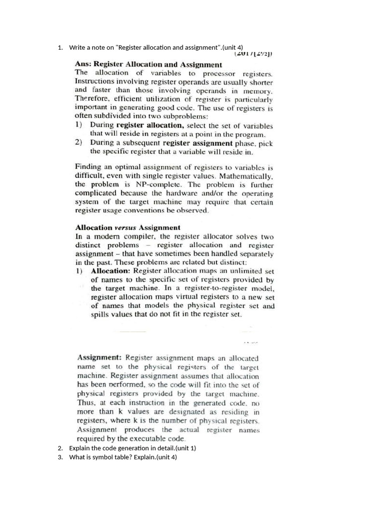 Write A Note On "Register Allocation and Assignment". (Unit 4) | PDF