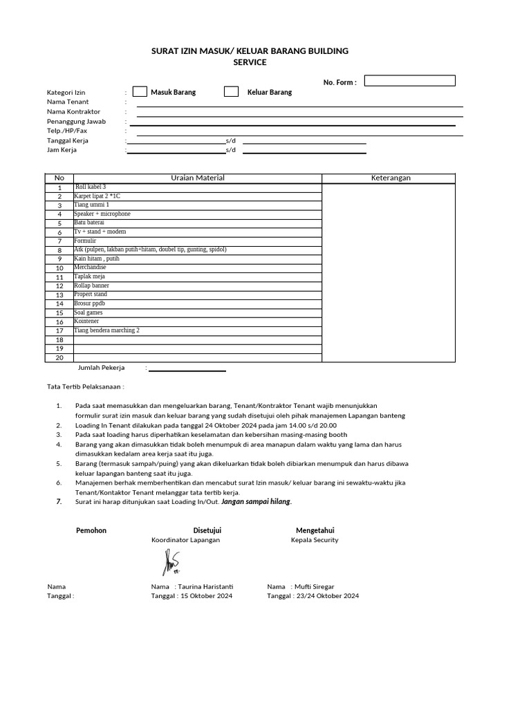 Surat Loading in Dan Out Barang Fix .XLSX - Sheet1 | PDF