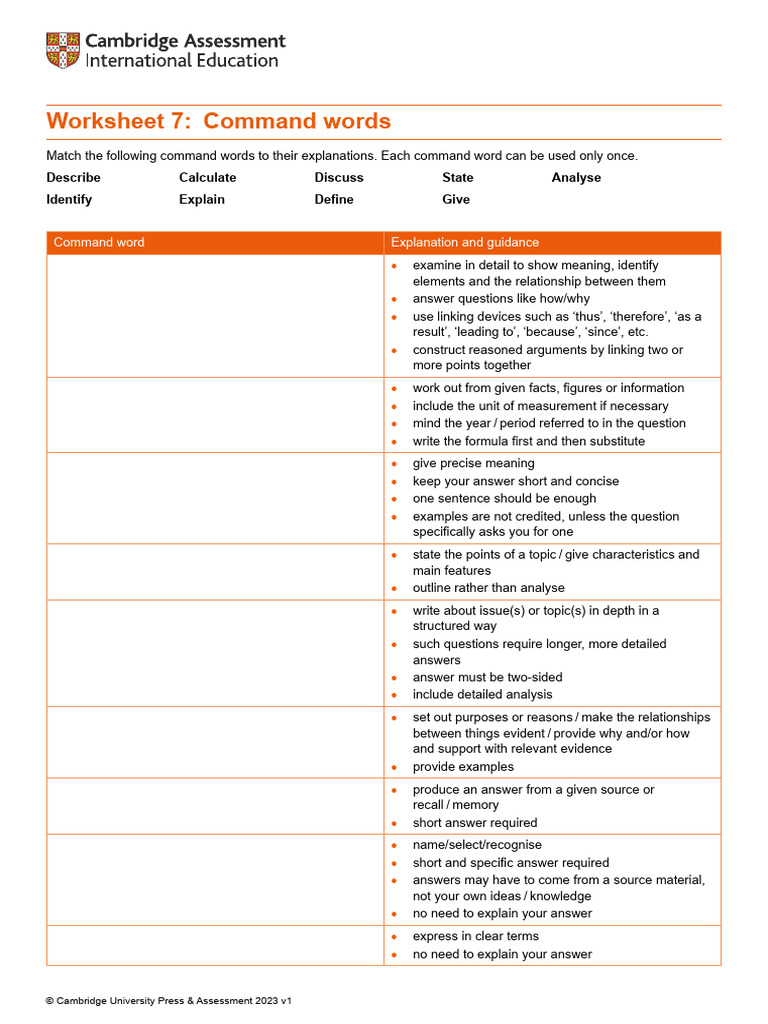 AO1 Worksheet 7 Command Words | PDF | Question | Knowledge