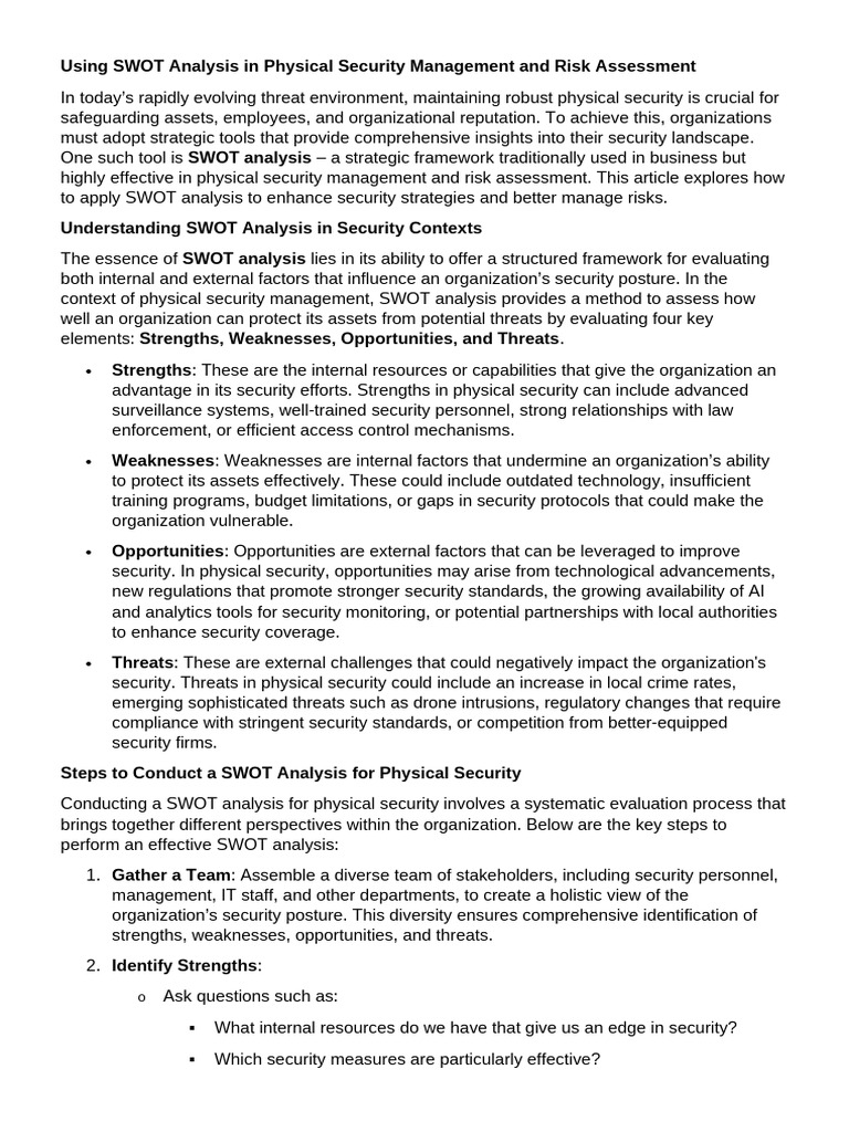 Using SWOT Analysis in Physical Security Management and Risk Assessment ...