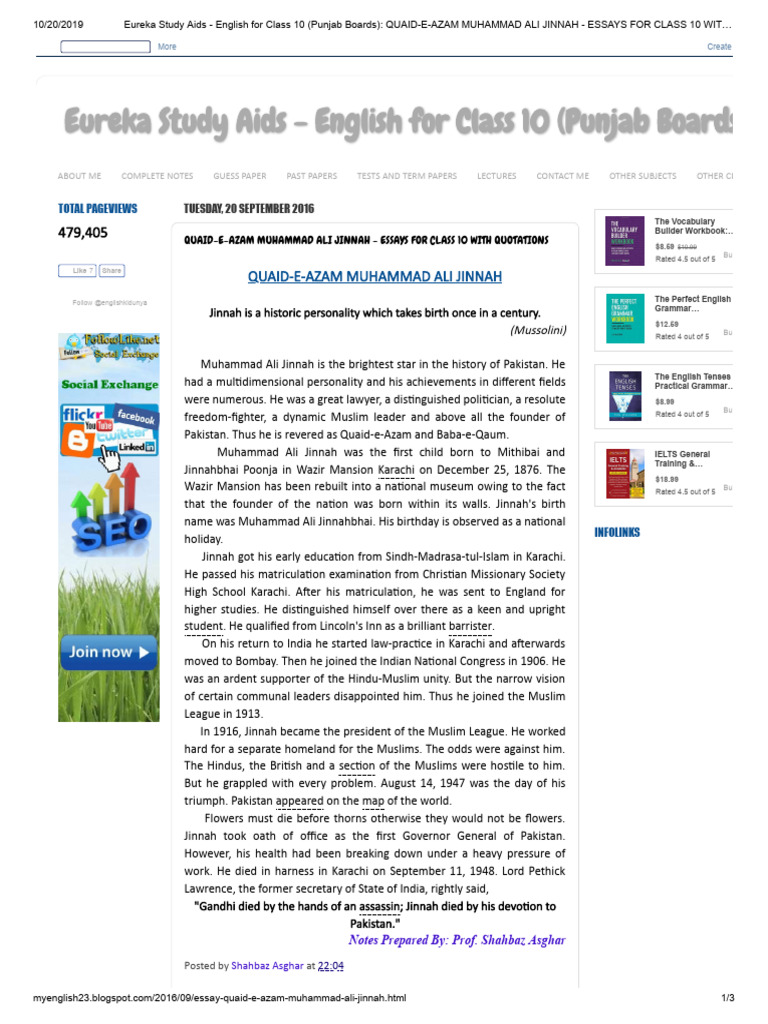 Eureka Study Aids - English For Class 10 (Punjab Boards) - QUAID-E-AZAM ...