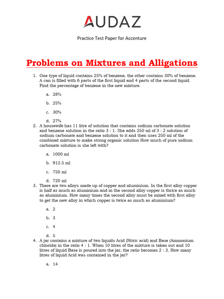 Problems On Mixtures and Alligations | PDF | Percentage | Ratio
