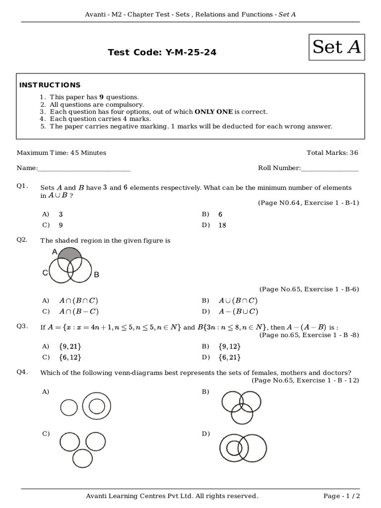 CW 11M2.4 Operation On Sets Jee Ques | PDF | Mathematics