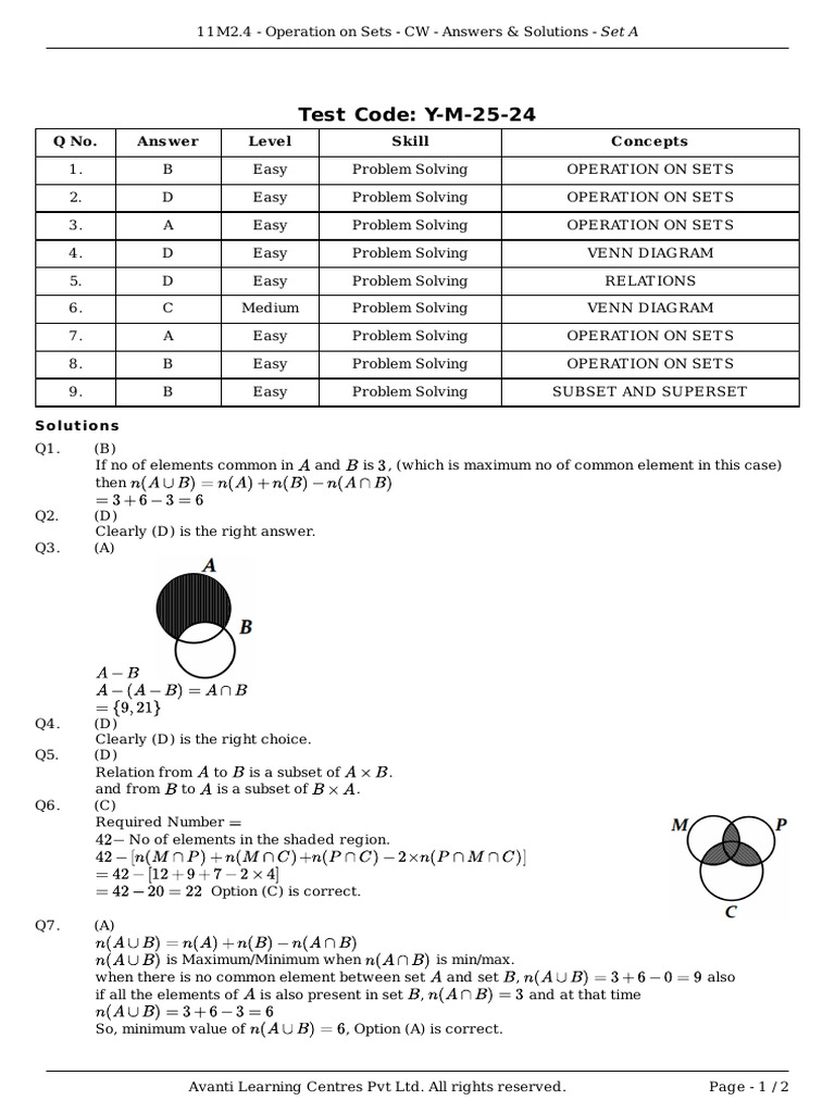 CW JEE Set Operations Solutions | PDF | Teaching Methods & Materials
