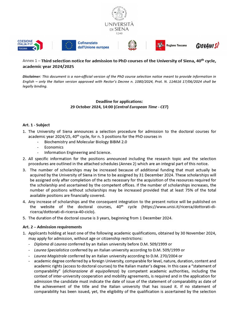 Annex 1 Selection Notice Ciclo 40 3 | PDF | Academic Degree | Doctorate