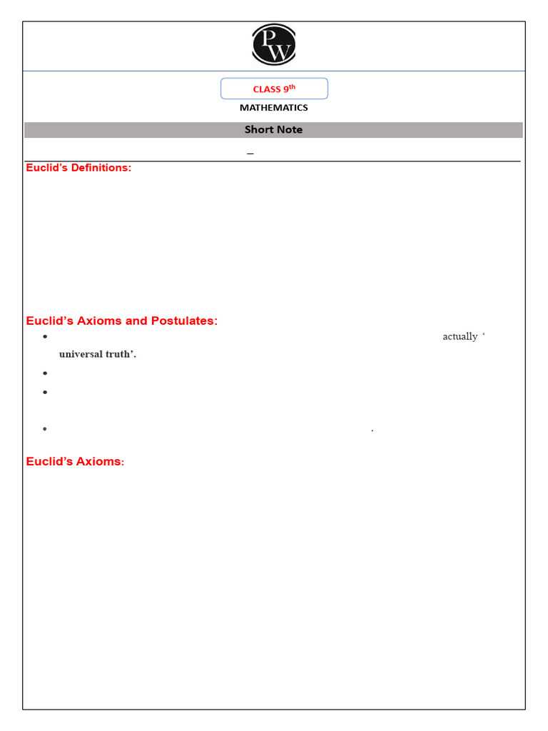 Euclid Geometry - Short Notes (Mathematics) | PDF | Axiom | Line (Geometry)