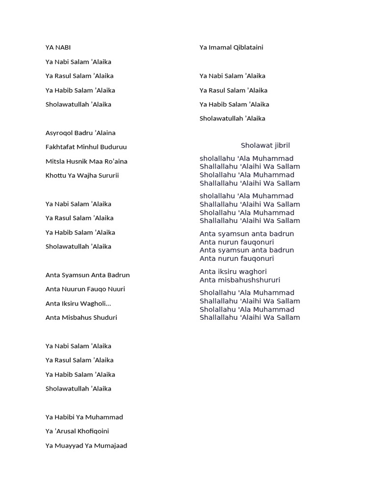 Islamic Song Lyrics: Ya Nabi Salam Alaika | PDF