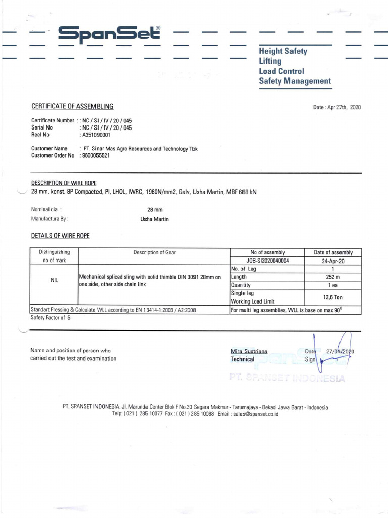Certificate Wire Rope Hoisting | PDF