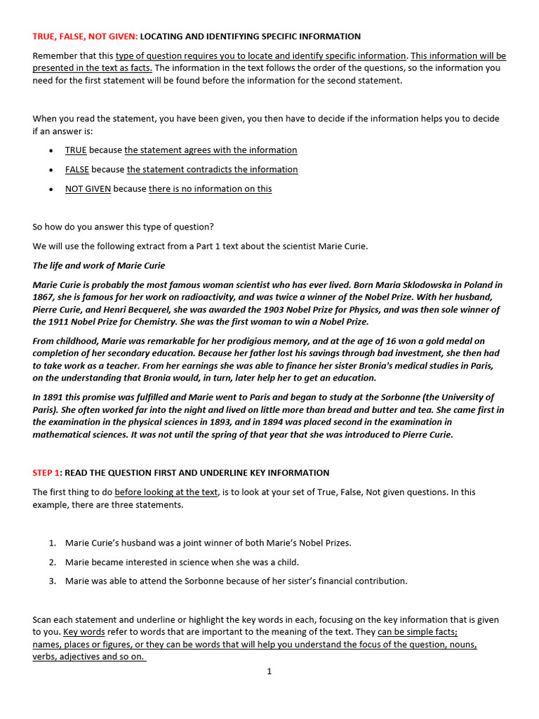 Reading True False Not Given | PDF | Marie Curie
