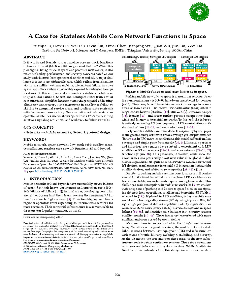 03 SpaceCore A Case For Stateless Mobile Core Network Functions in Space | PDF