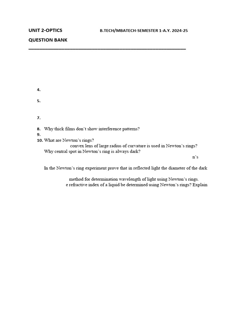 UNIT 2 Optics - QB - Assignment - 2024-25 | PDF | Diffraction | Radiation