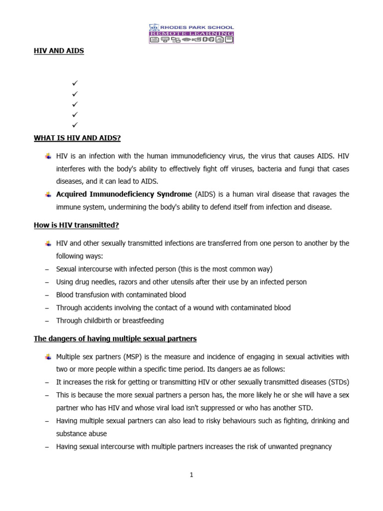 HIV and AIDS - Lesson Notes | PDF | Hiv/Aids | Sexually Transmitted ...