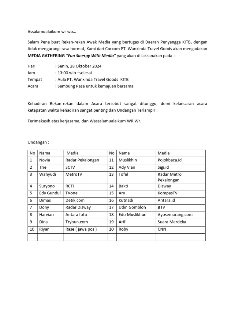 Undangan Media Gathering Wanxinda | PDF