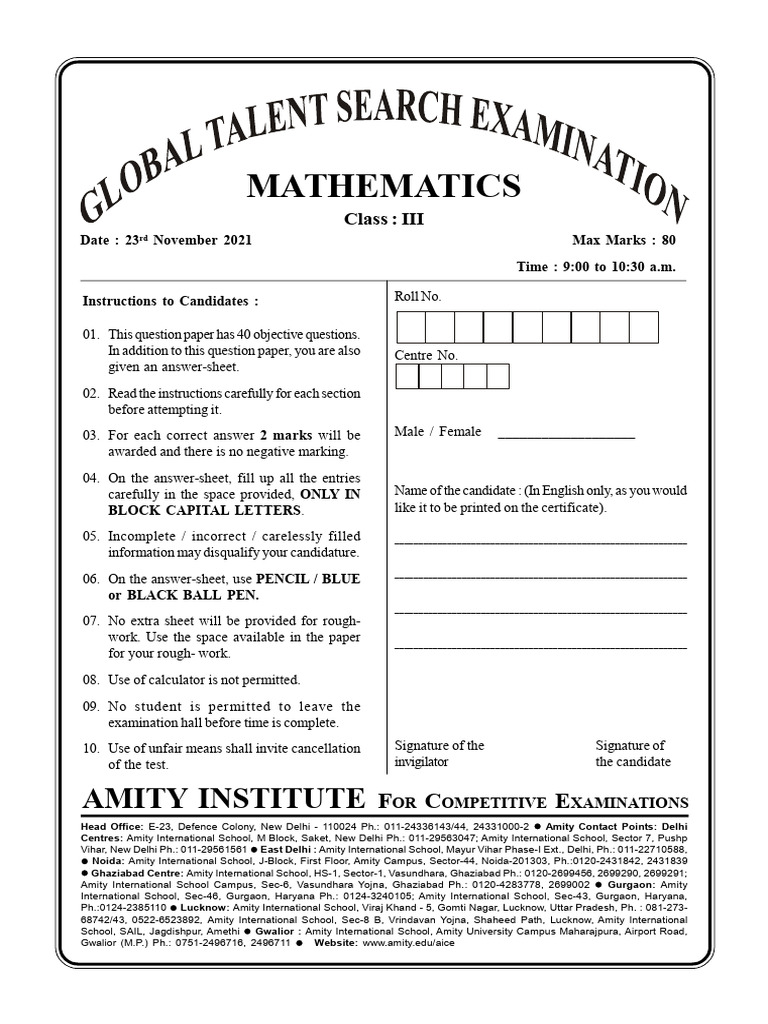 Class 3 Mathematics Exam Paper | PDF | Teaching Methods & Materials