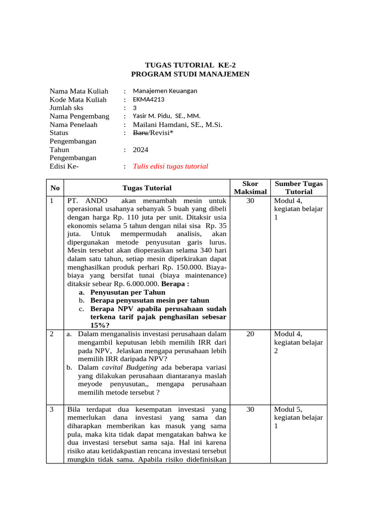 Jawaban Tugas 2 Manajemen Keuangan Ekma 4213 | PDF | Bisnis