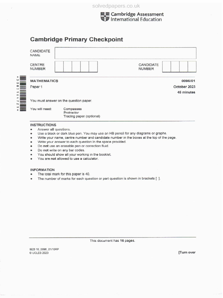 Checkpoint Pri Math P1 Oct 2023 Solved | PDF