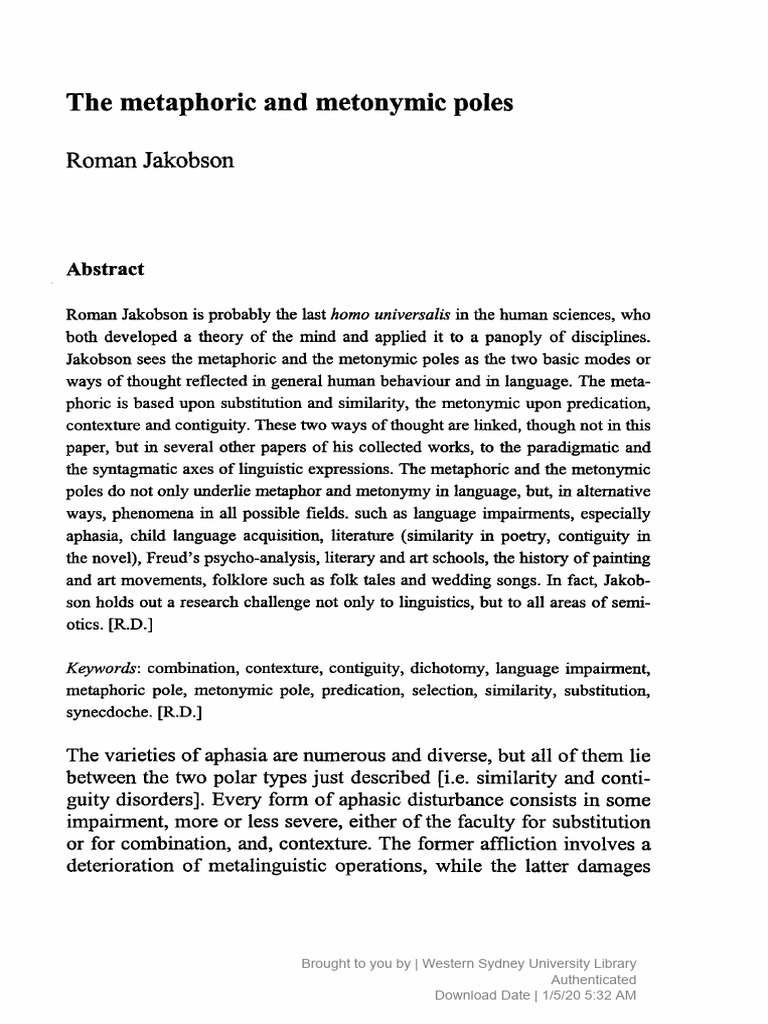 Jakobson Metaphoric and Metonymic Poles | PDF | Linguistics