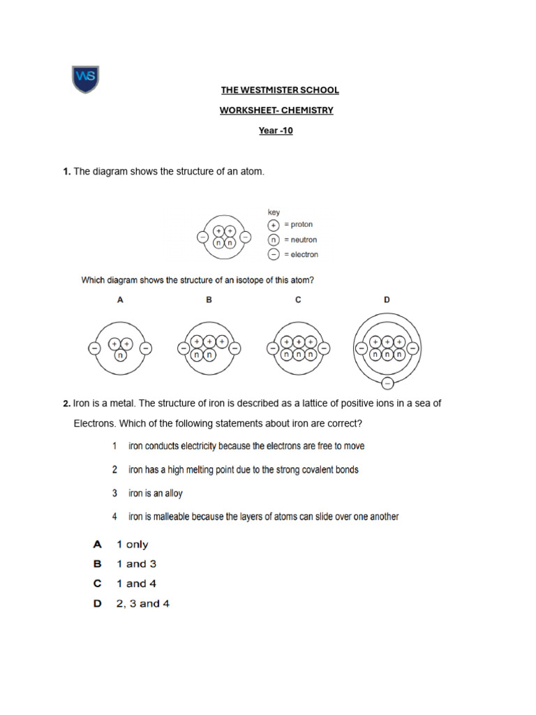 Worksheet Year 10 Chemistry 99900000 | PDF